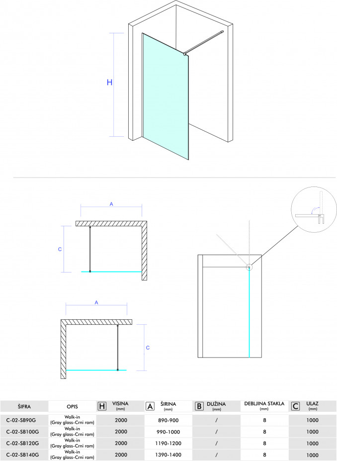 Walk-in COPEN MONTE DARK 1000x2000 crni mat ram 8mm grey staklo | Aqua ...